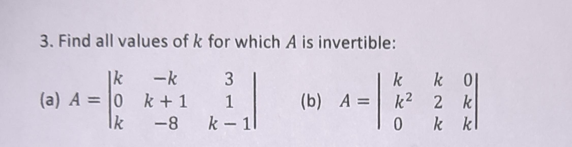 Solved 3. Find all values of k for which A is invertible: Ik | Chegg.com