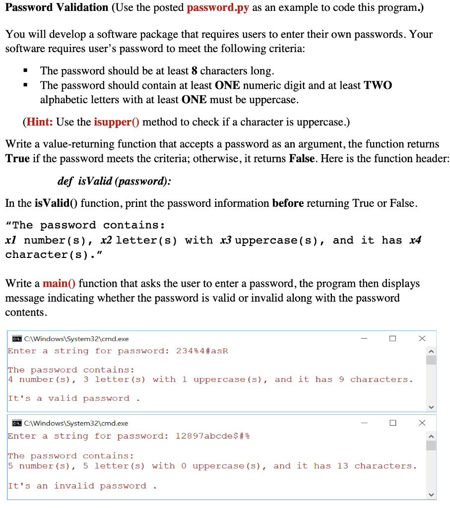 Solved Password Validation (Use the posted password.py as an | Chegg.com