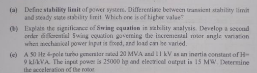 Solved (a) Define stability limit of power system. | Chegg.com