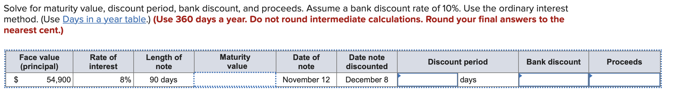 Solved olve for maturity value, discount period, bank | Chegg.com