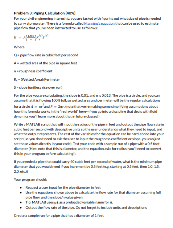 Solved Problem 3: Piping Calculation (40%) For your civil | Chegg.com