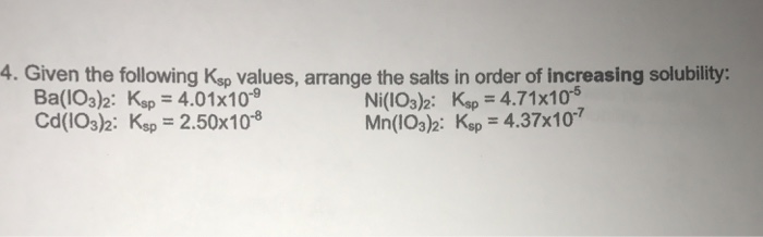 Solved 4. Given the following Ksp values, arrange the salts | Chegg.com
