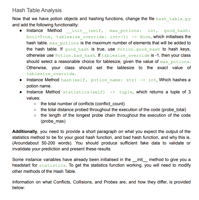 Solved m Hash Table Analysis Now that we have potion objects | Chegg.com