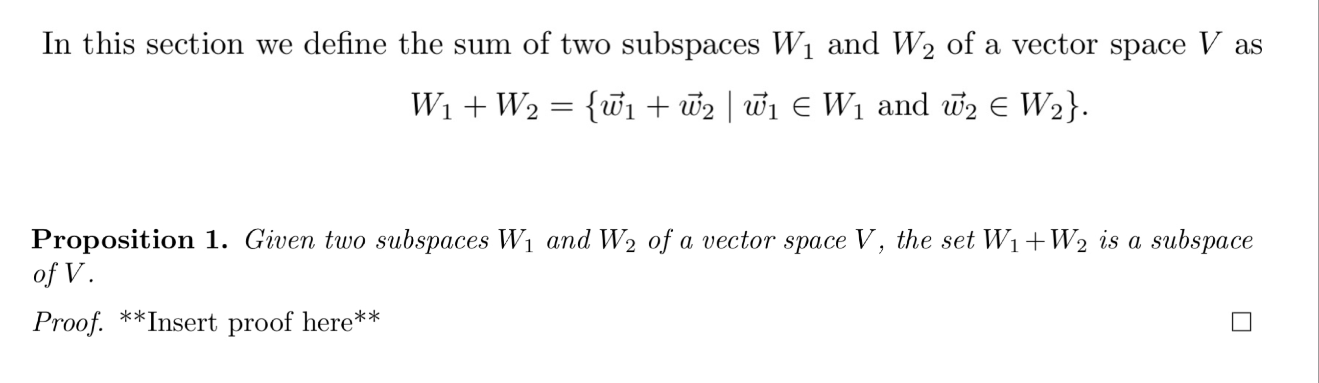 Solved In this section we define the sum of two subspaces W1 | Chegg.com
