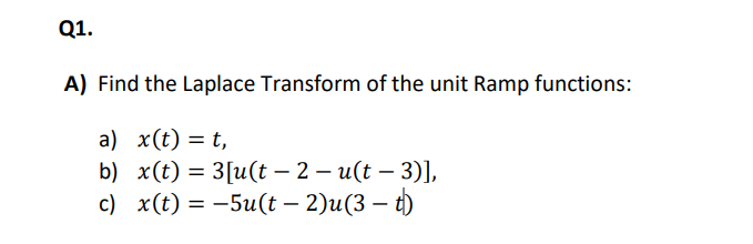 Solved Q1. A) Find the Laplace Transform of the unit Ramp | Chegg.com