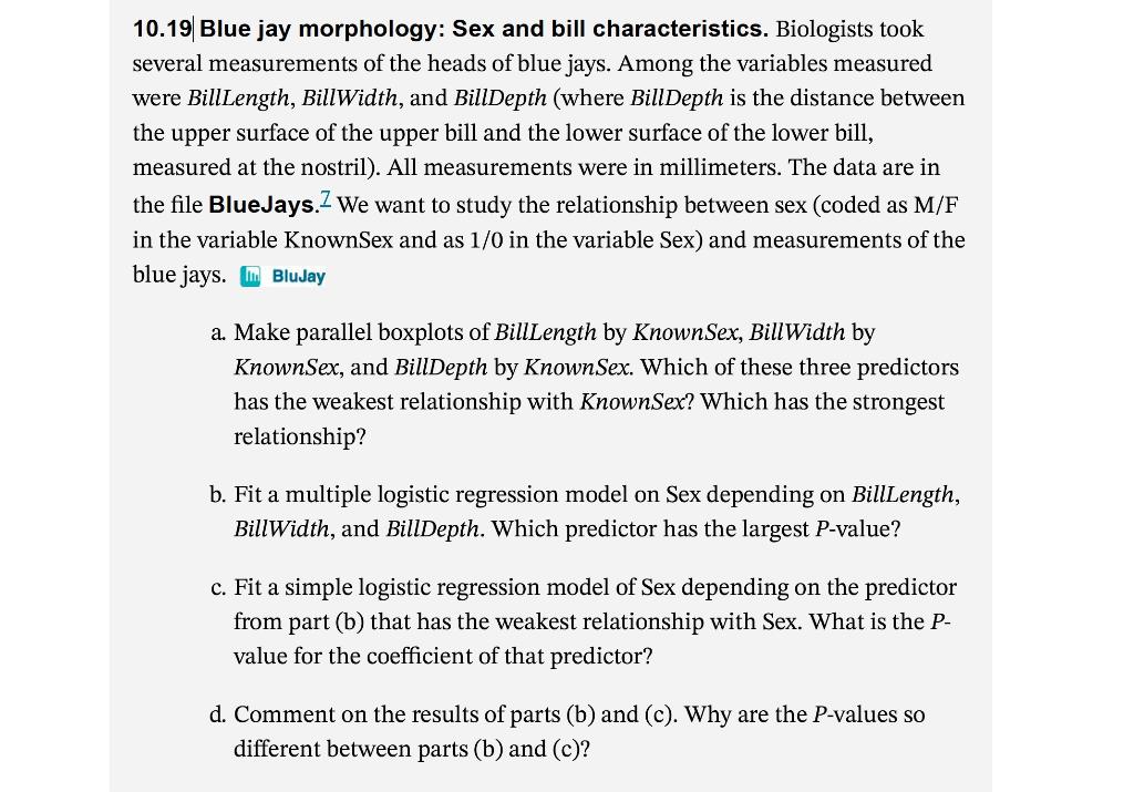 Solved 10.19 Blue jay morphology: Sex and bill | Chegg.com