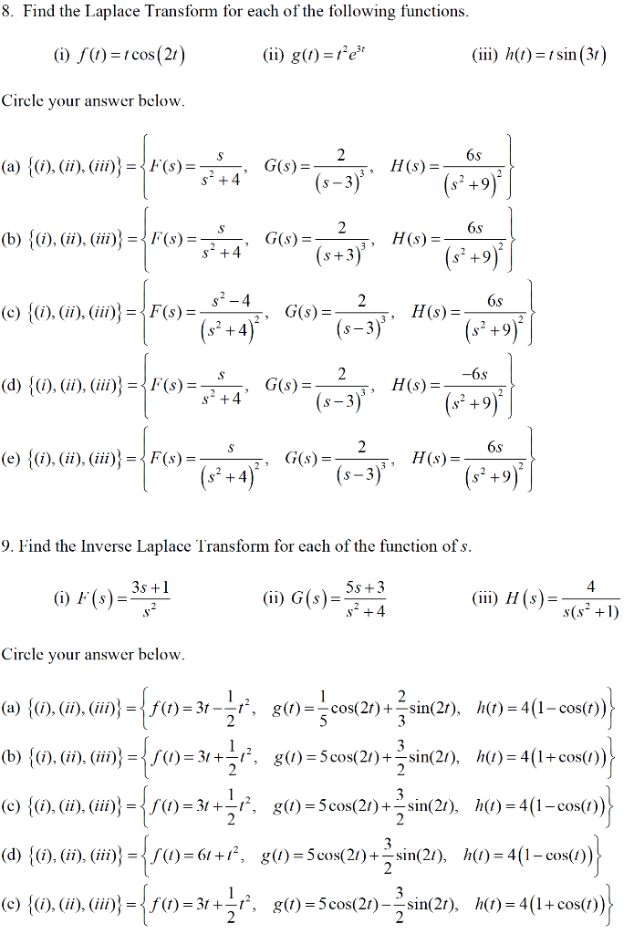 Solved 8. Find the Laplace Transform for each of the | Chegg.com