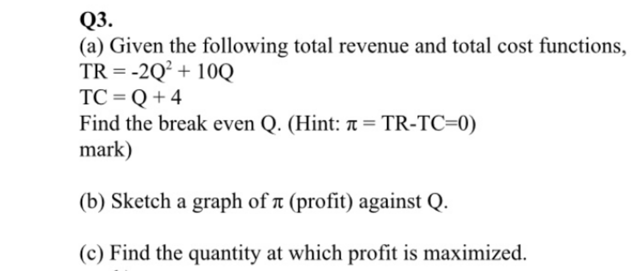 Solved Q3. (a) Given the following total revenue and total | Chegg.com