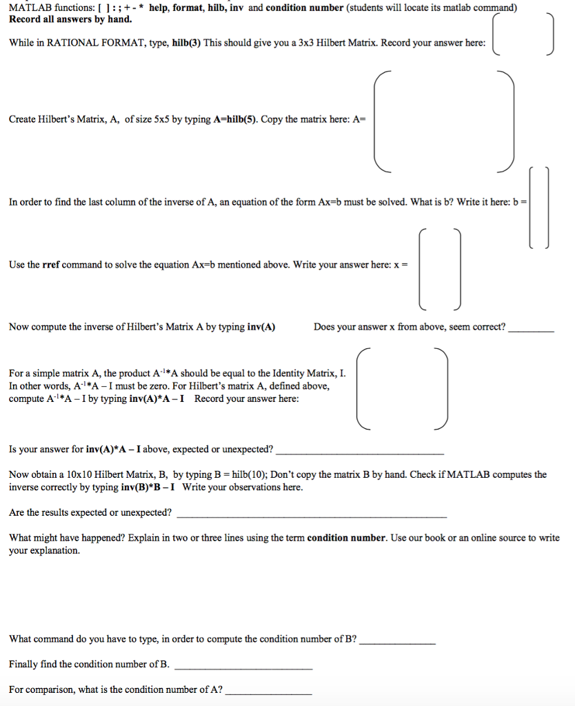 Solved Matlab Functions 1 Help Format Hilb Inv And 