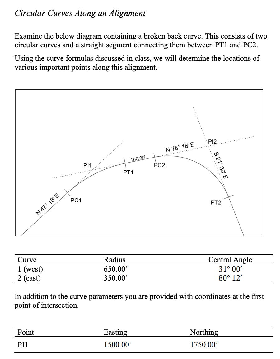 Solved Circular Curves Along an Alignment Examine the below | Chegg.com