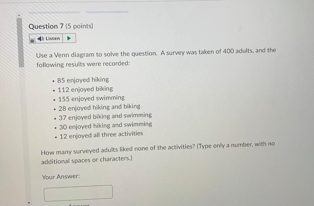 Solved Question 7 (5 points) E » Listen Use a Venn diagram | Chegg.com