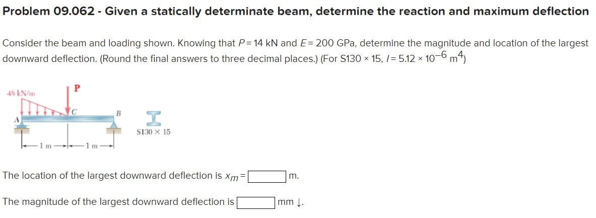 Solved Problem 09.062 - Given a statically determinate beam, | Chegg.com
