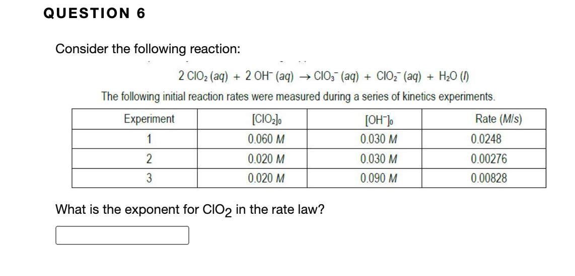 Solved QUESTION 6 Consider the following reaction: 2 ClO2 | Chegg.com