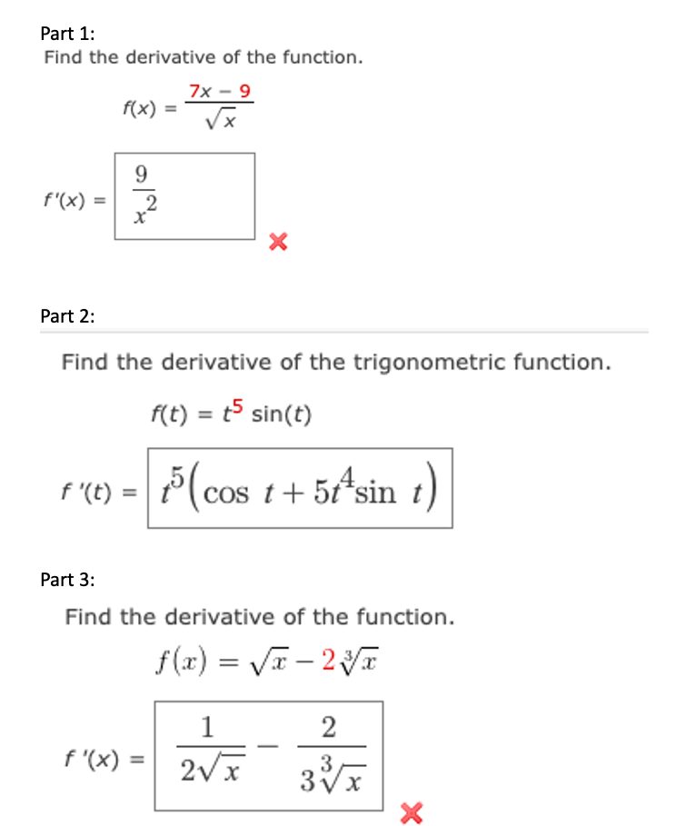 Solved Part 1: Find the derivative of the function. | Chegg.com