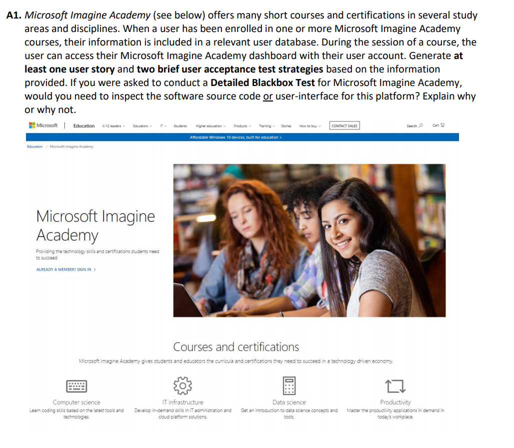 Solved A1. Microsoft Imagine Academy (see below) offers many | Chegg.com