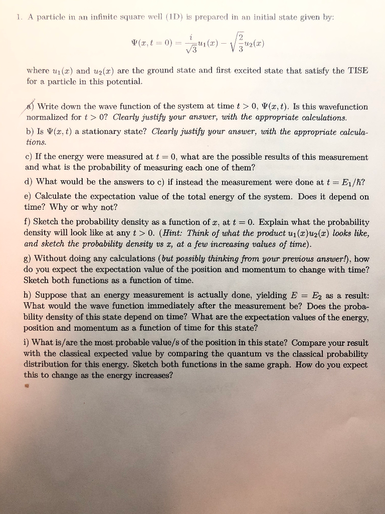 Solved 1. A particle in an infinite square well (1D) is | Chegg.com