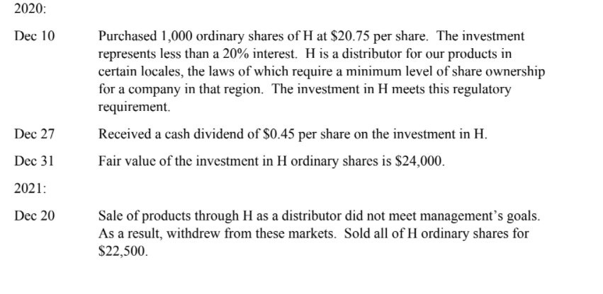 Solved 2020: Dec 10 Purchased 1,000 ordinary shares of H at | Chegg.com