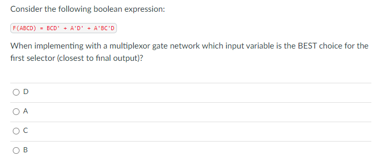Solved Consider the following boolean expression: F(ABCD) = | Chegg.com
