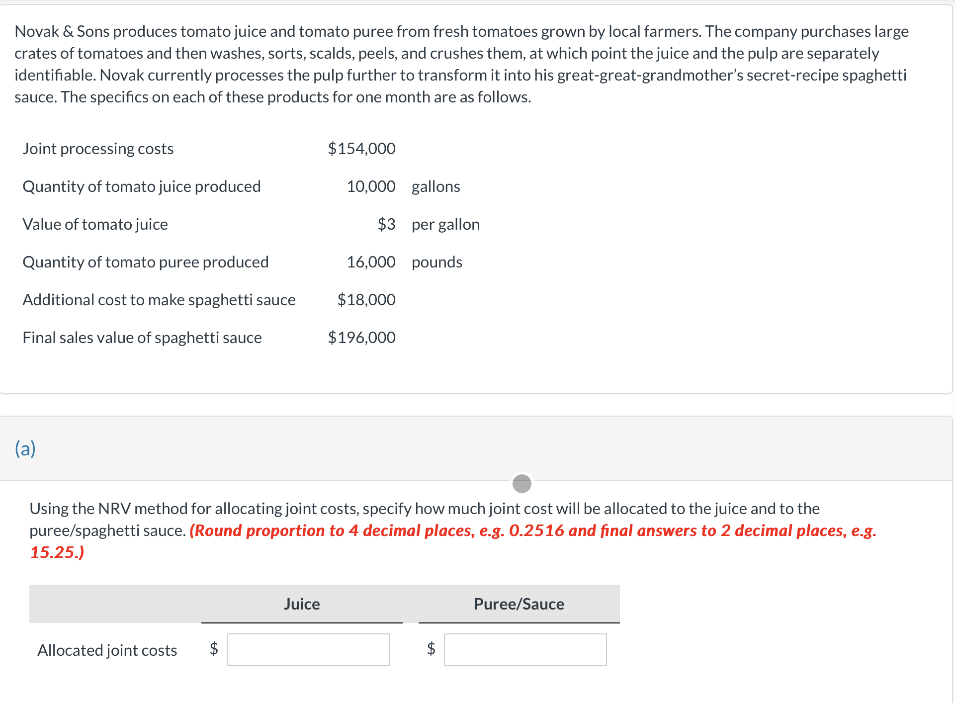 Solved Novak \& Sons produces tomato juice and tomato puree | Chegg.com