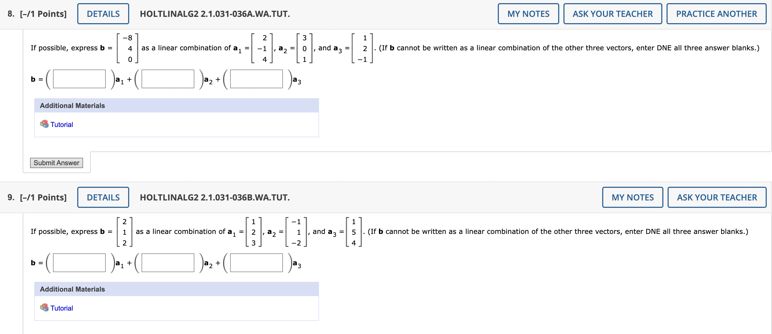 Solved b=()a1+([)a2+()a3 9. [-/1 Points] HOLTLINALG2 | Chegg.com