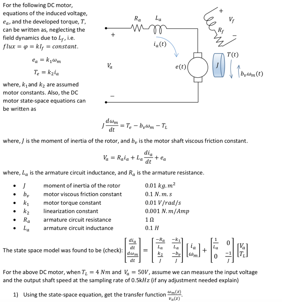 Solved For the following DC motor, equations of the induced | Chegg.com