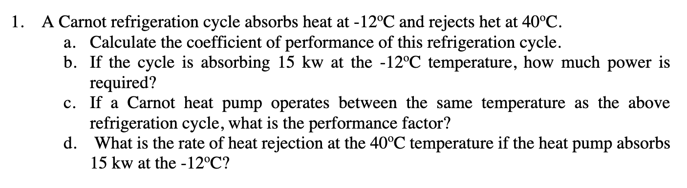 Solved 1. A Carnot refrigeration cycle absorbs heat at -12°C | Chegg.com