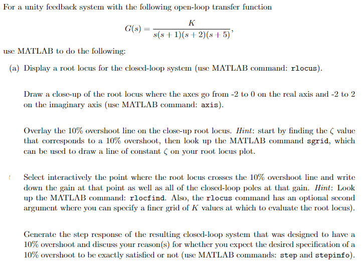 Solved For a unity feedback system with the following | Chegg.com