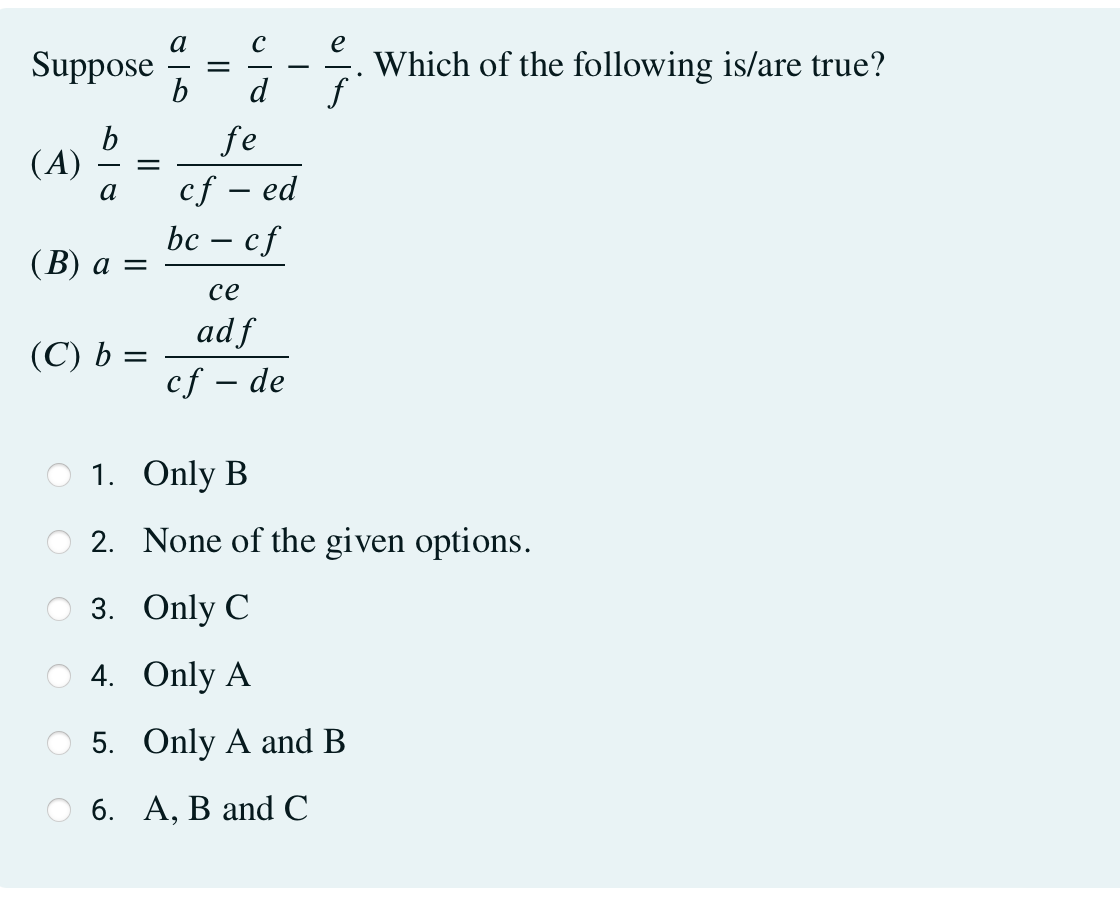 Solved Suppose ab=cd-ef. ﻿Which of ﻿the following isare | Chegg.com