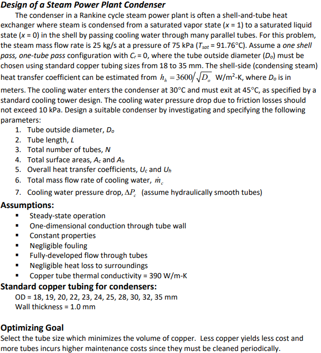 Solved Design of a Steam Power Plant Condenser The condenser | Chegg.com