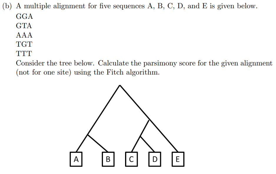 (b) ﻿A multiple alignment for five sequences A,B,C,D, | Chegg.com