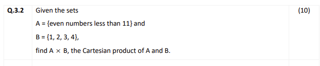 Solved Q.3.2 Given the sets A = {even numbers less than 11} | Chegg.com