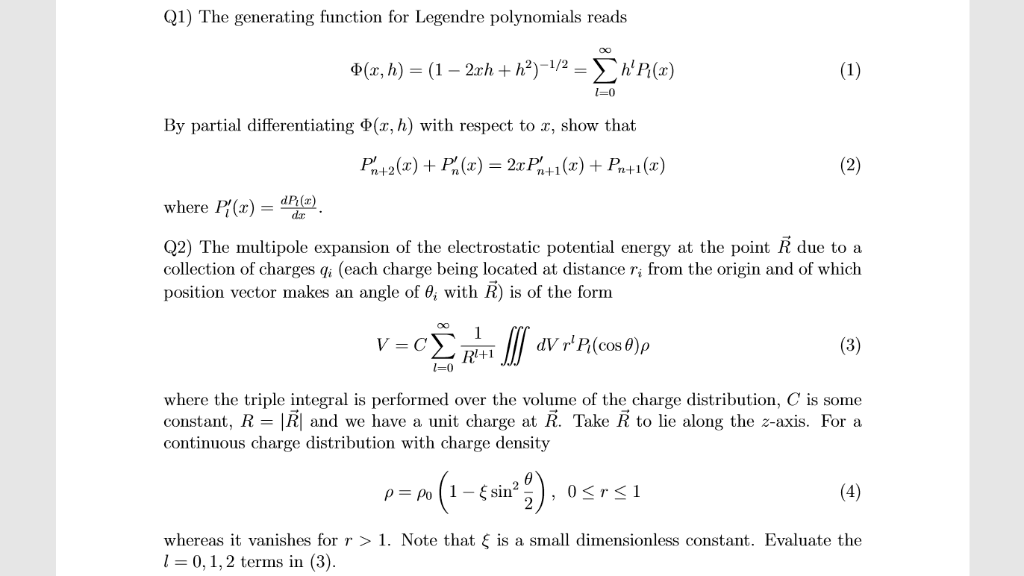Solved Q1) The generating function for Legendre polynomials | Chegg.com