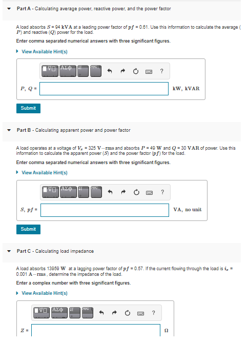 Solved Part A - Calculating average power, reactive power, | Chegg.com