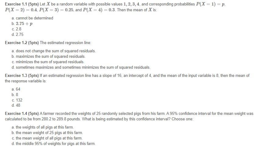 Solved Exercise 1.1 (5pts) Let X be a random variable with | Chegg.com