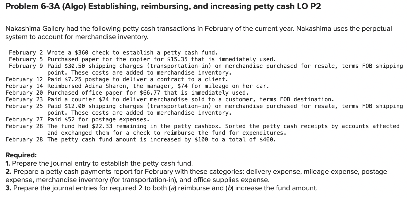 Solved Problem 6-3A (Algo) Establishing, reimbursing, and | Chegg.com