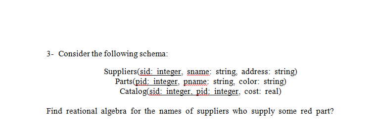 Solved 3- Consider the following schema: Suppliers(sid: | Chegg.com