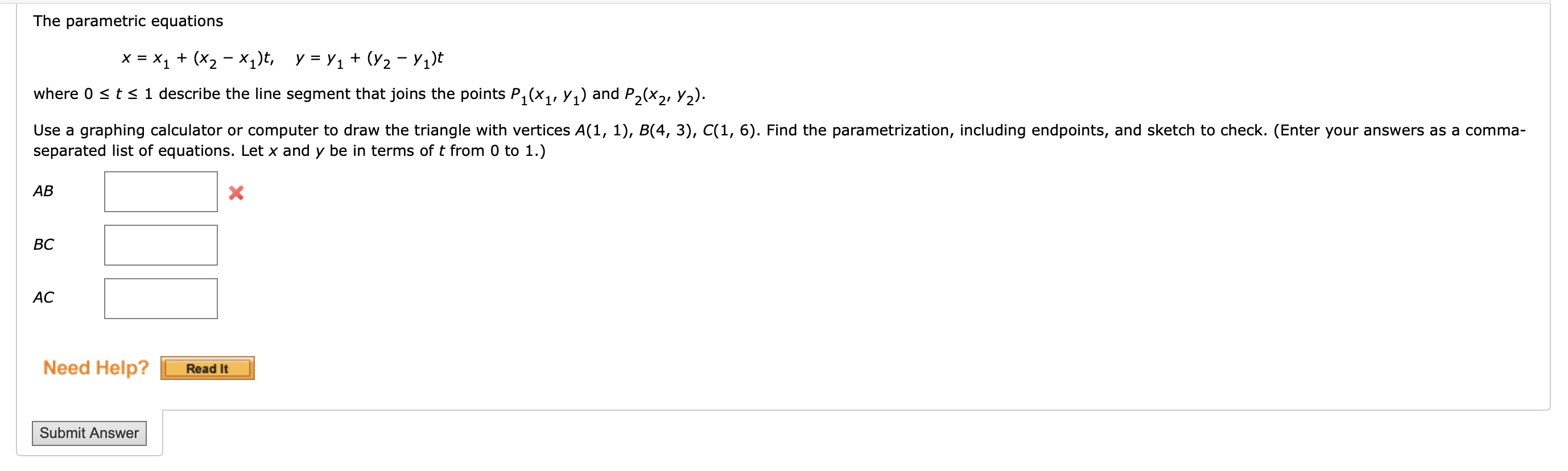 Solved The parametric equations + x = X1 + (x2 – x1)t, y = | Chegg.com