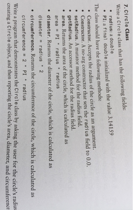 Solved 7. Circle Class Write a Circle class that has the | Chegg.com