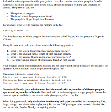 Solved Included in this assignment is a file, penguins. csv, | Chegg.com
