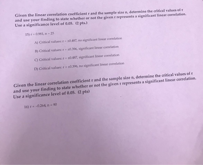 Solved Given the linear correlation coefficient r and the | Chegg.com