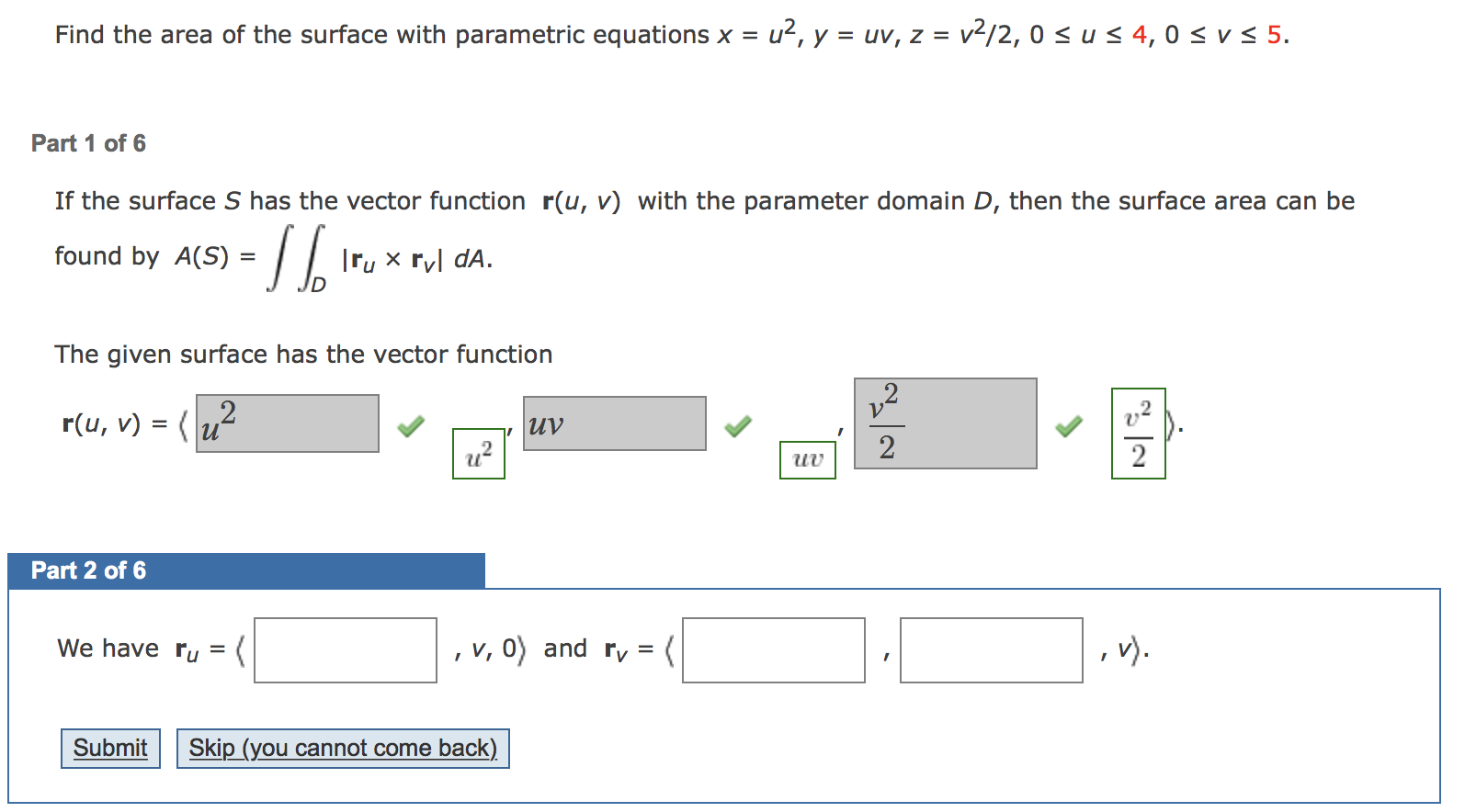Solved Find the area of the surface with parametric | Chegg.com