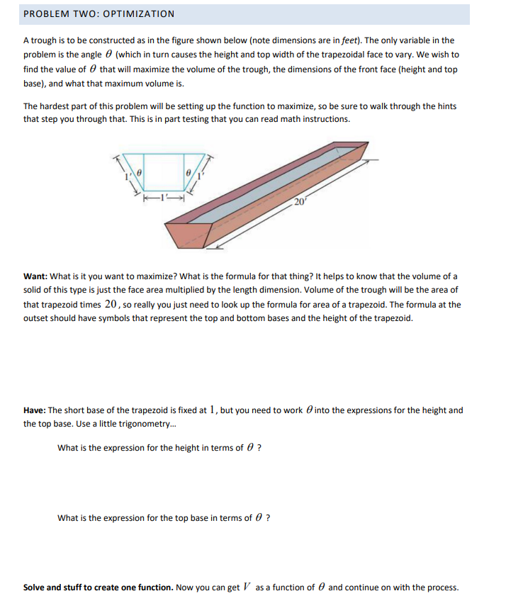 Solved PROBLEM TWO: OPTIMIZATION A trough is to be | Chegg.com