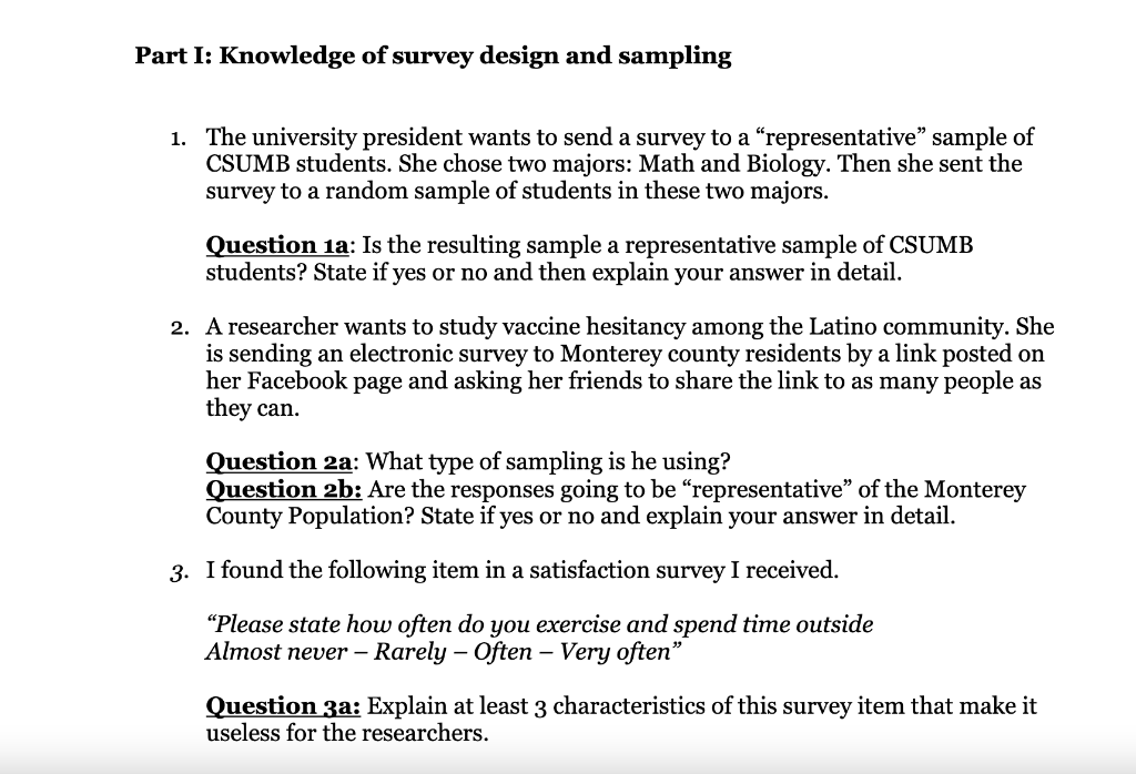 Solved Part I: Knowledge of survey design and sampling 1. | Chegg.com