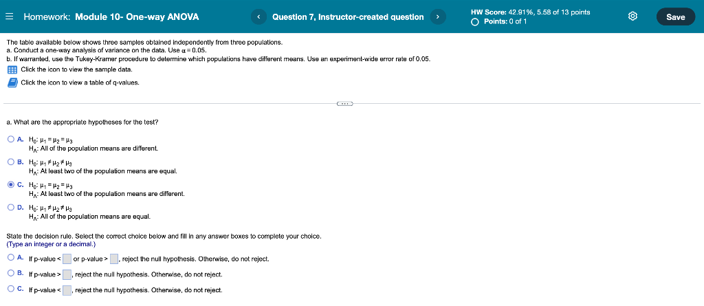 Solved Homework Module 10 One Way Anova Question 7