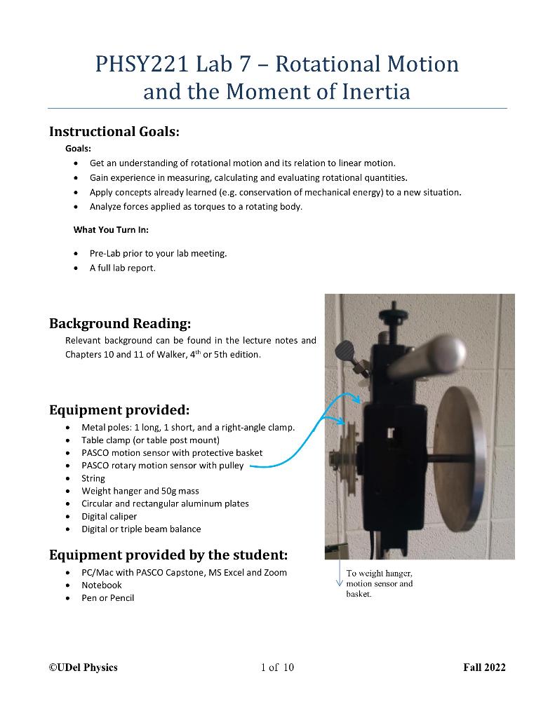 PHSY221 Lab 7 - Rotational Motion and the Moment of | Chegg.com