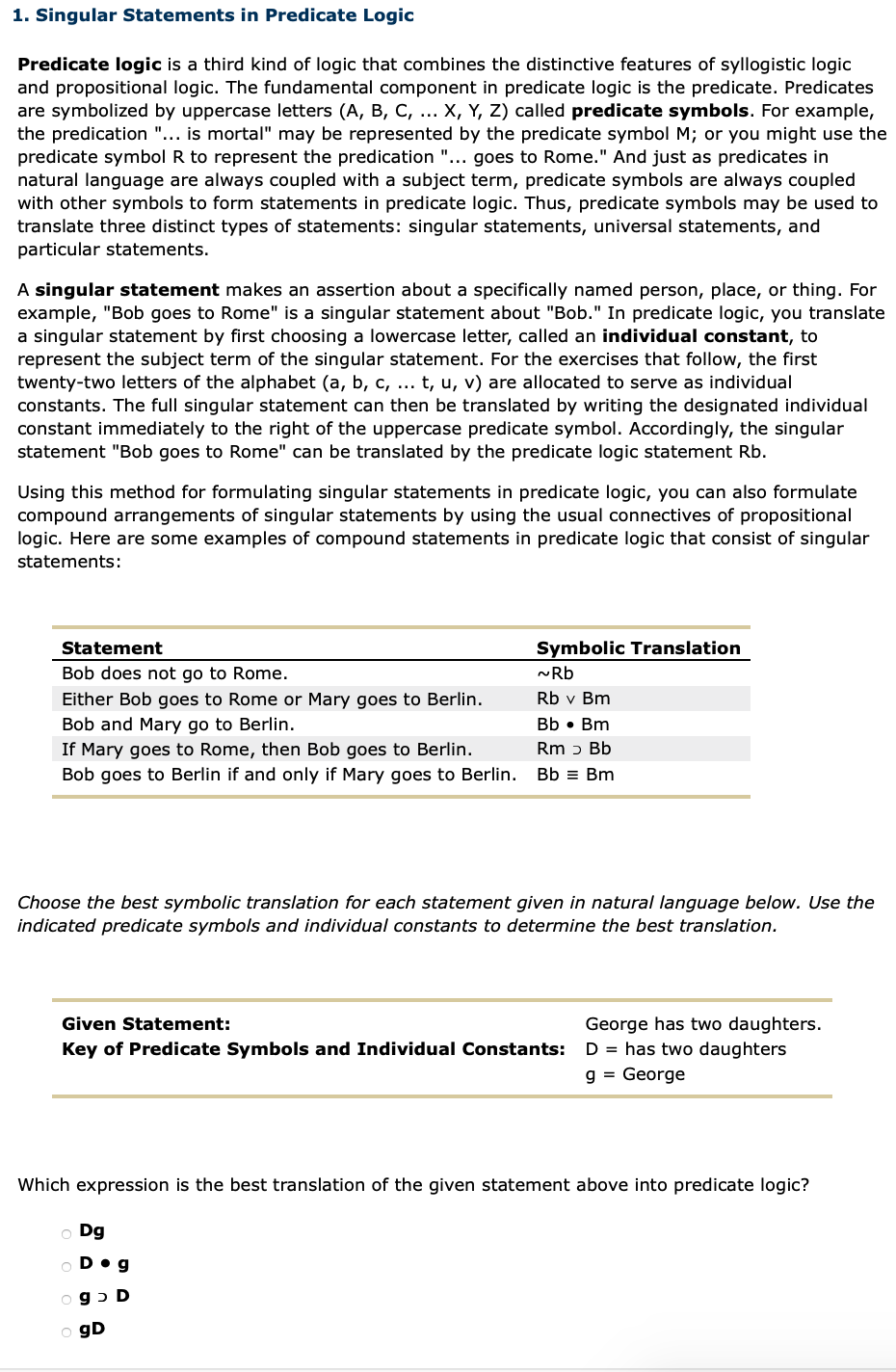 Solved 1. Singular Statements in Predicate Logic Predicate | Chegg.com