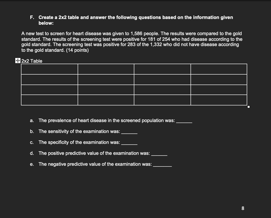 Solved F. Create a 2×2 table and answer the following | Chegg.com