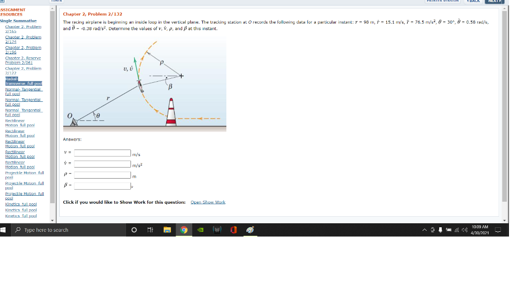 Solved The racing airplane is beginning an inside loop in | Chegg.com