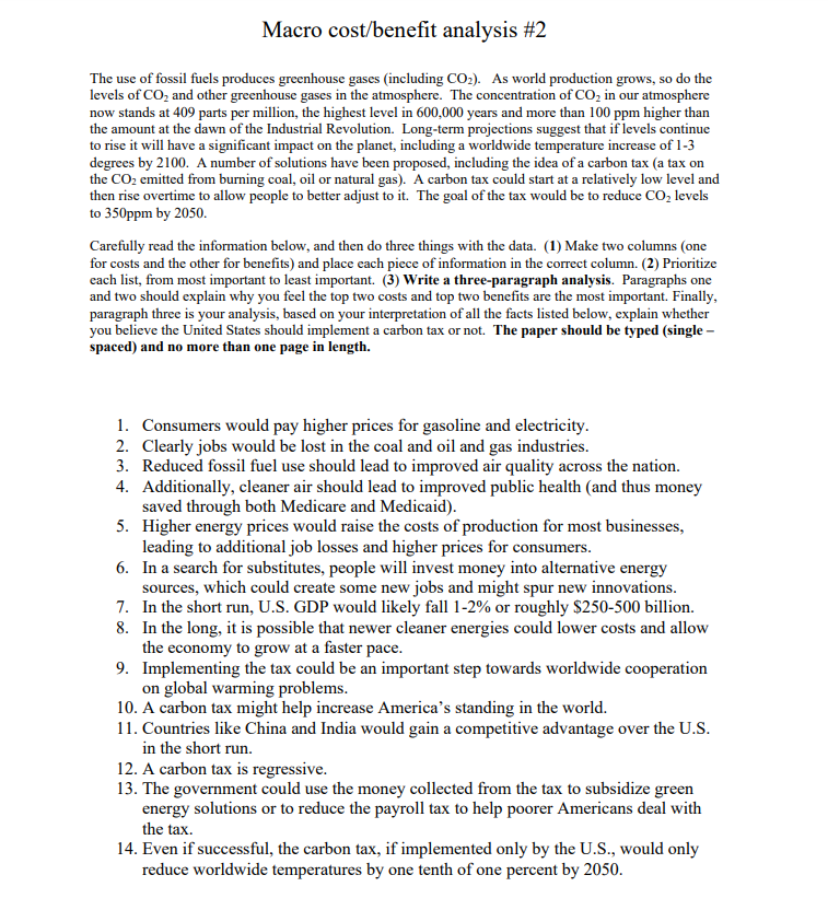 Solved Macro cost/benefit analysis \#2 The use of fossil | Chegg.com