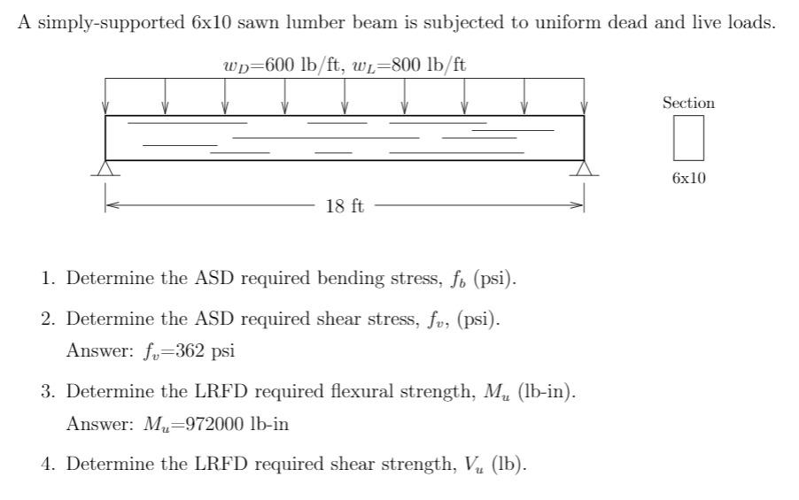 Solved A simply-supported 6x10 sawn lumber beam is subjected | Chegg.com